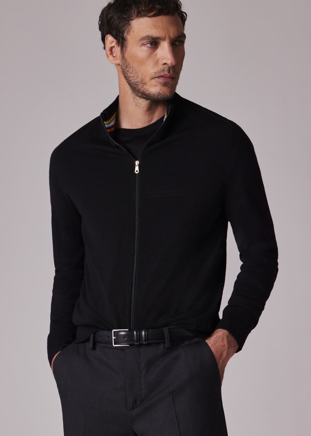 Men's Black Merino Wool Full Zip Cardigan