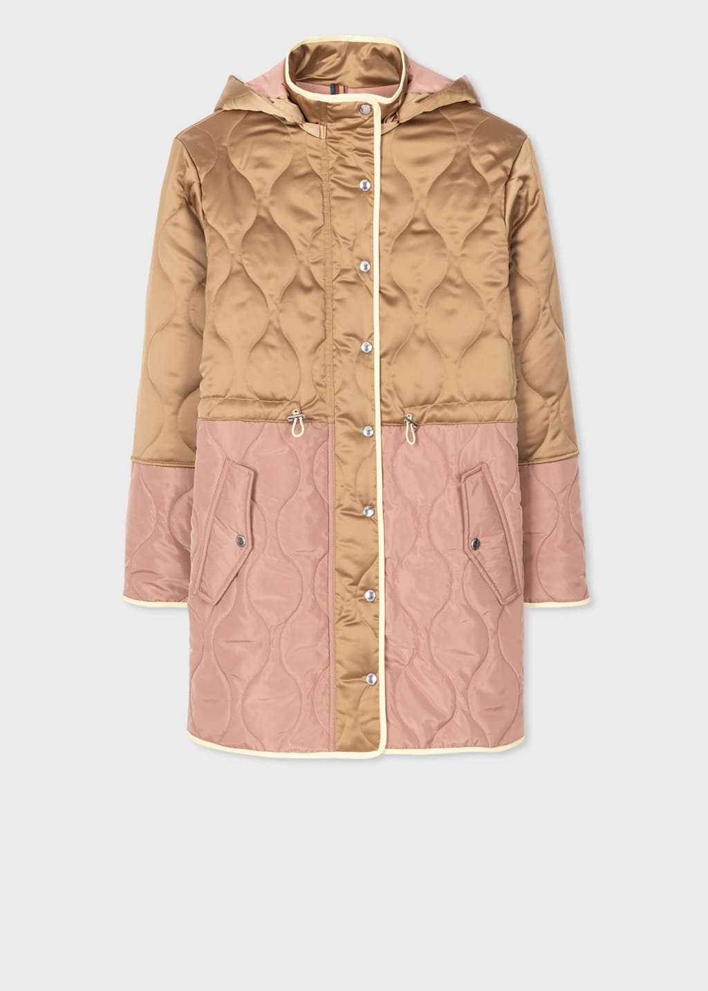 Women's Camel Satin Quilted Mid Length Coat