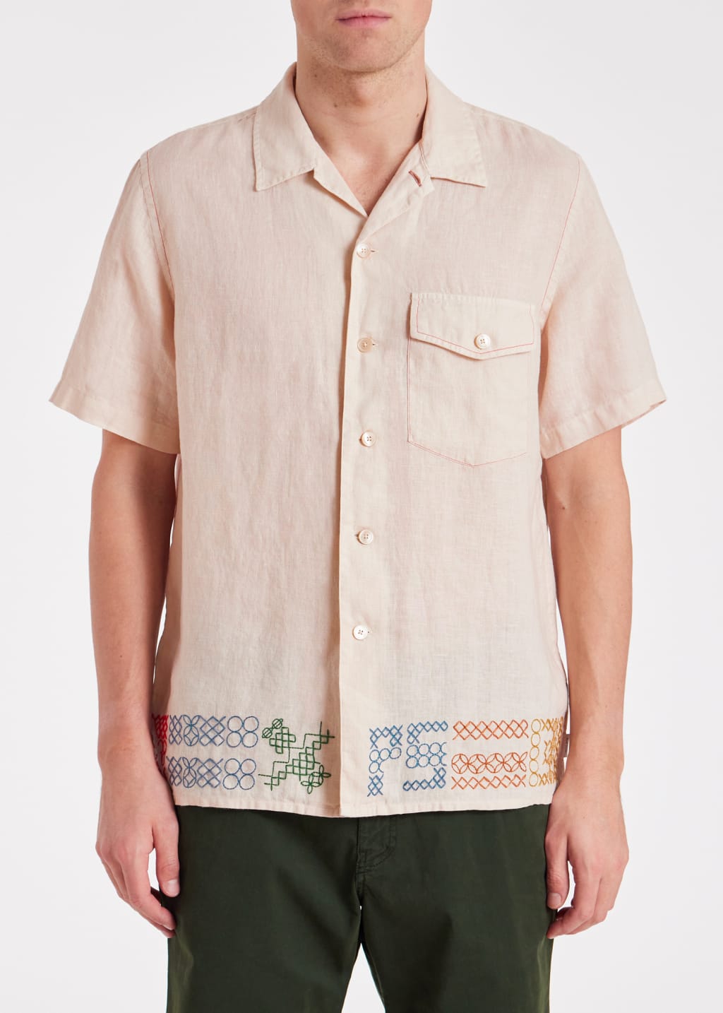Men's Beige Linen Shirt With Cross-Stitch Detail