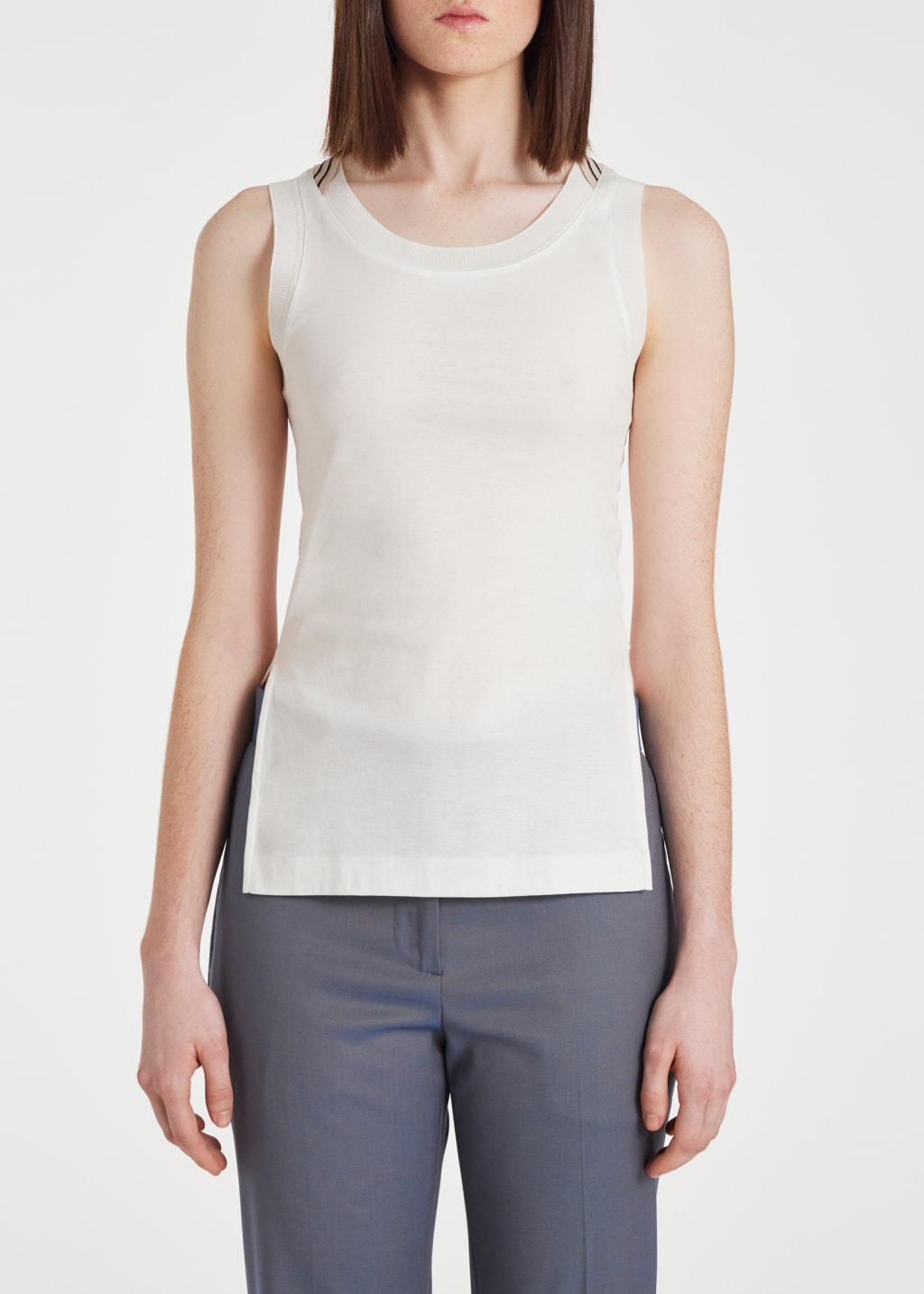 Women's White Cotton Stripe Trim Vest