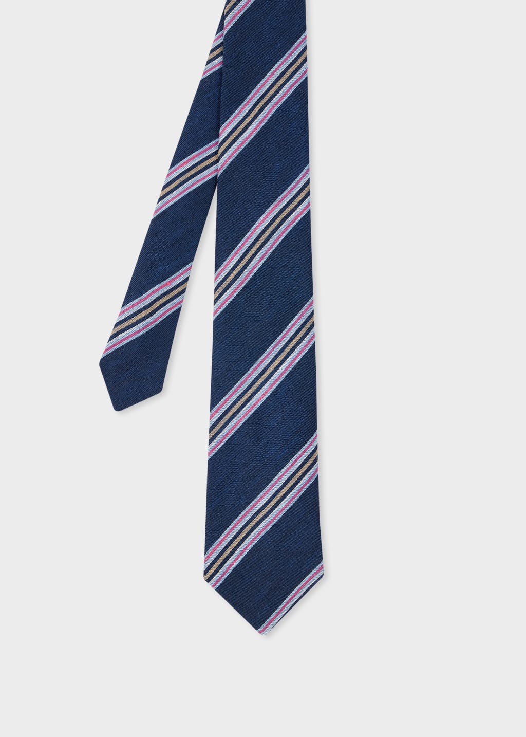 Dark Blue Linen-Blend Block Stripe Tie