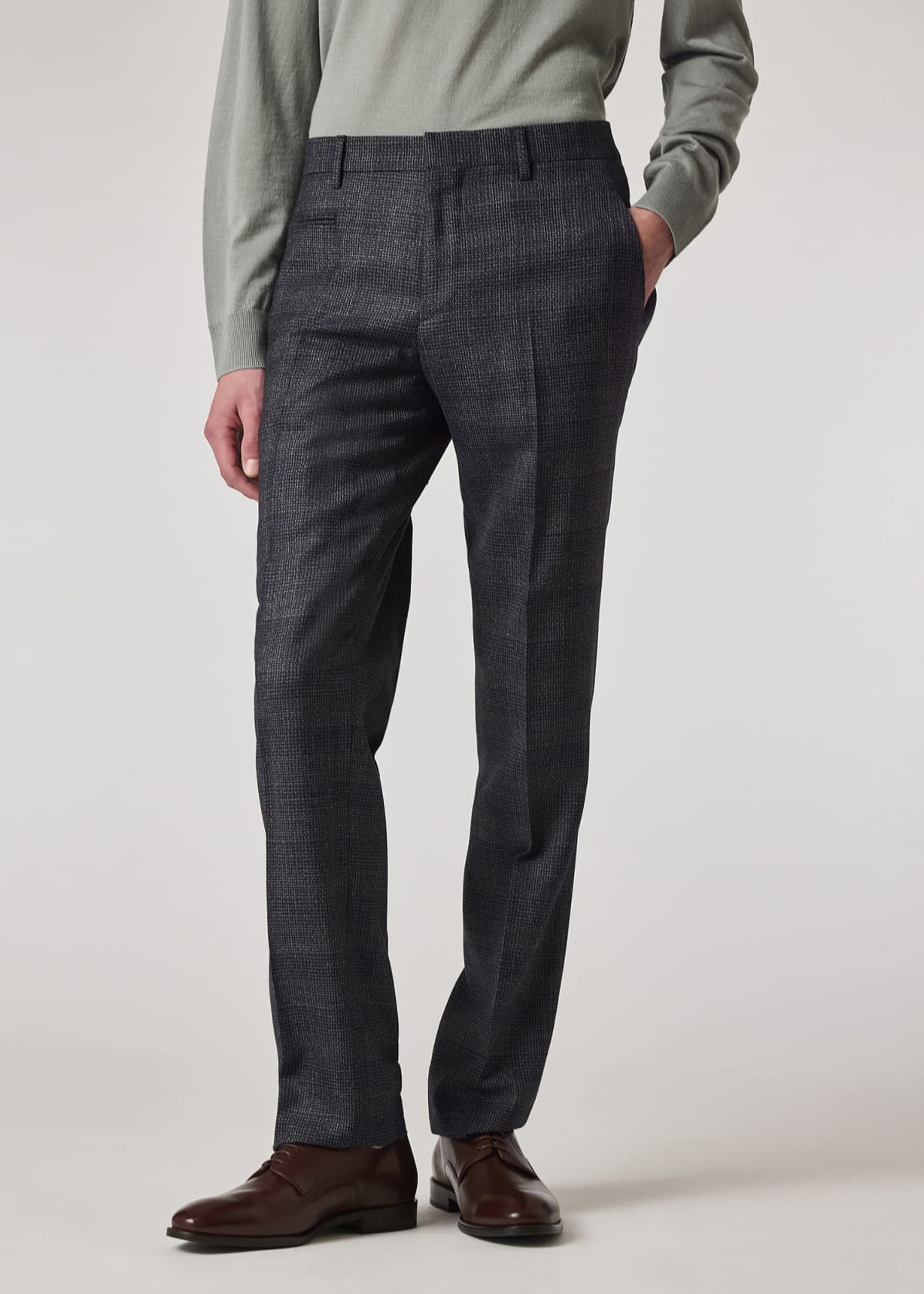 Men's Slim-Fit Navy Gingham Check Natural Stretch Wool Trousers