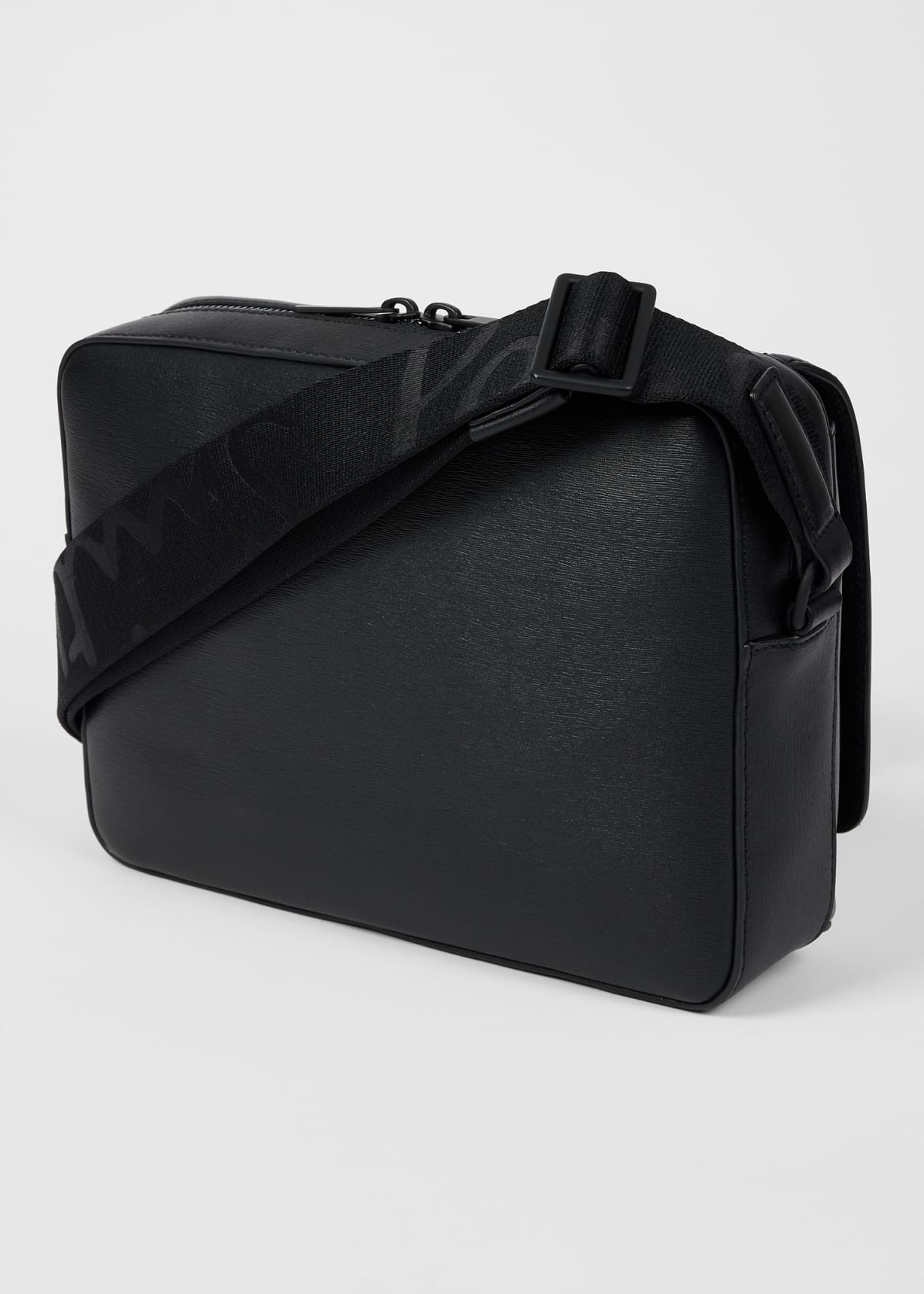 Black Straw-Grain Embossed Leather Messenger Bag