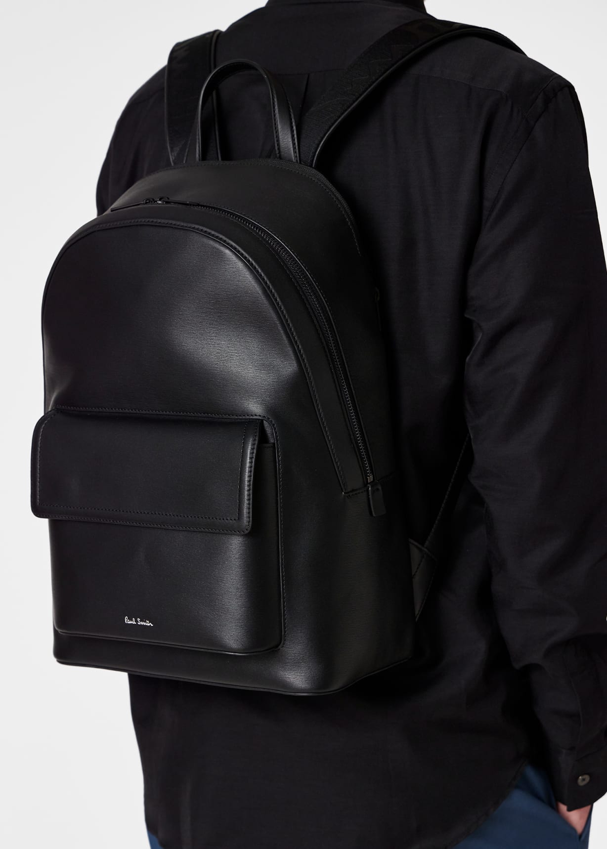 Black Straw-Grain Embossed Leather Backpack