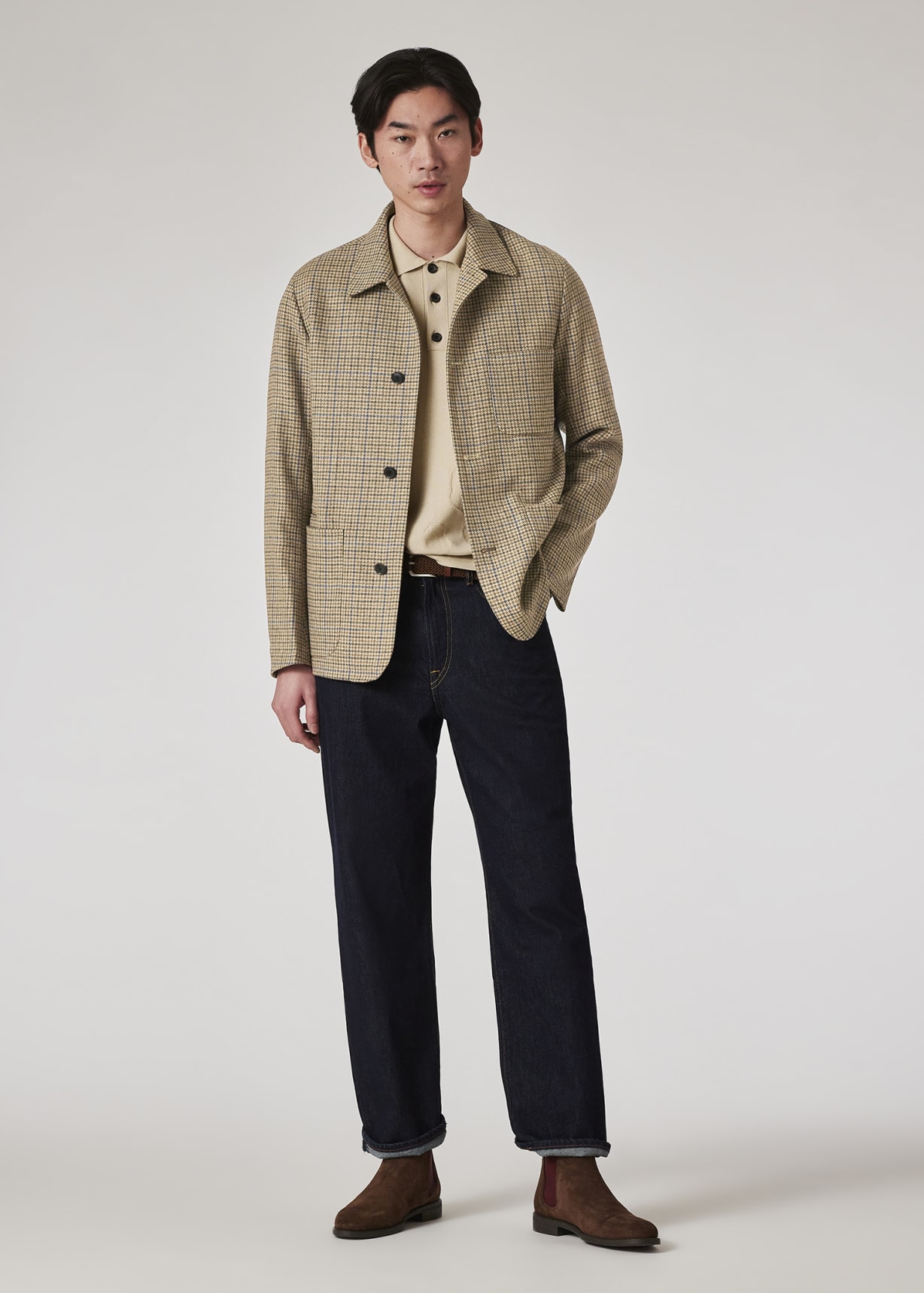 Men's Tan Houndstooth Wool Tweed Work Jacket
