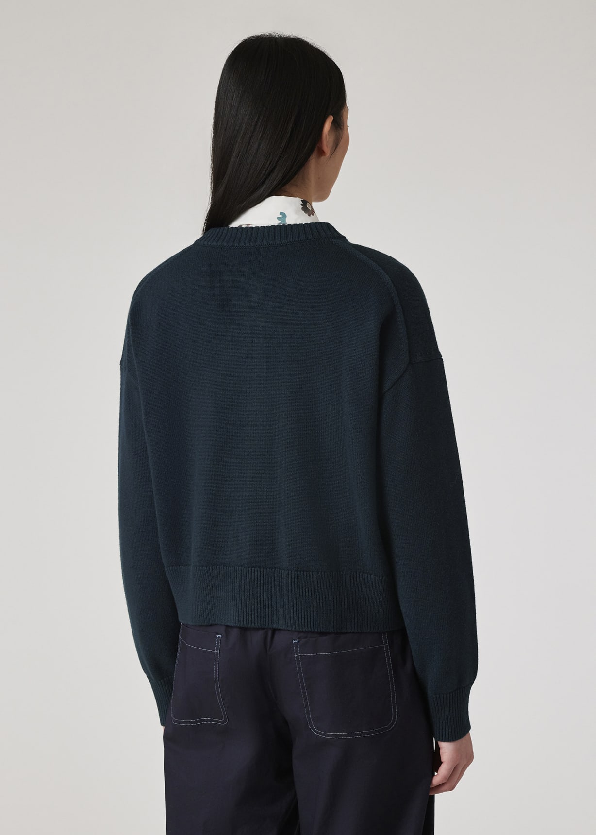 Women's Navy Contrast-Stitched Placket Knitted Merino Cardigan