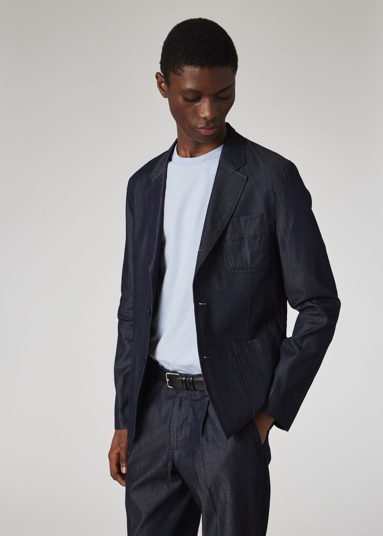 Men's Indigo Cotton-Twill Three-Button Blazer