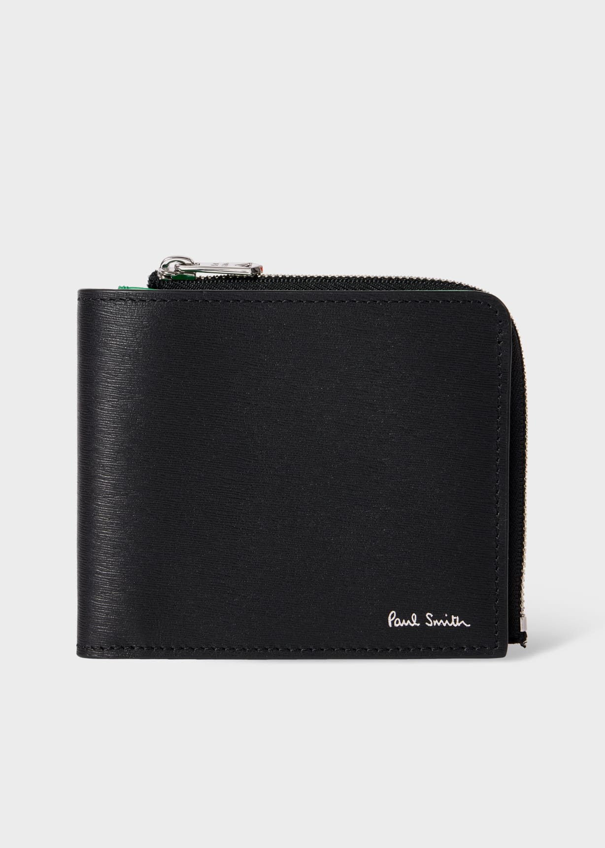 Black Straw-Grain Embossed Leather Contrast Interior Billfold and Coin ...
