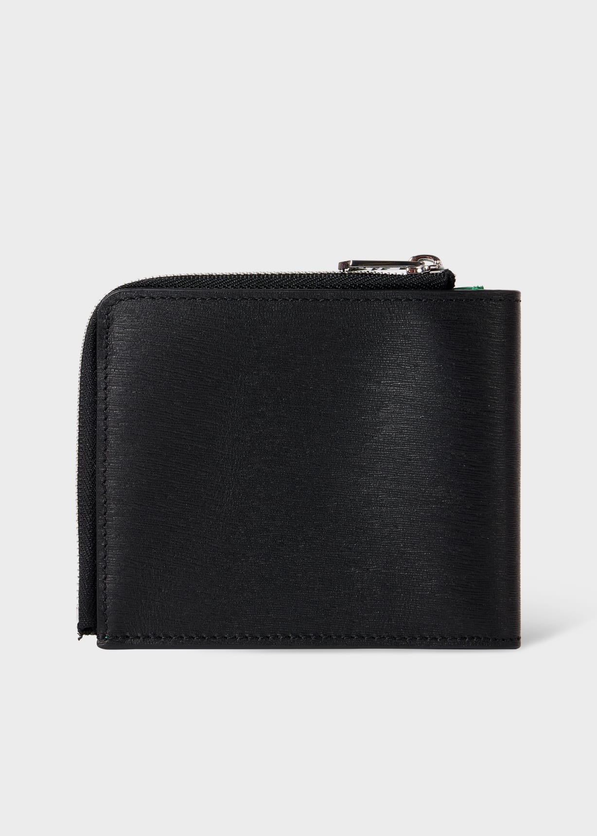 Black Straw-Grain Embossed Leather Contrast Interior Billfold and Coin ...