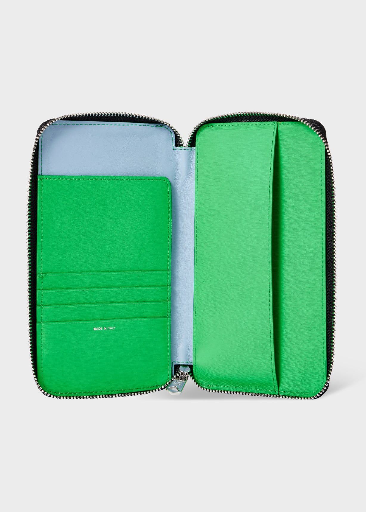 Men's Black Straw-Grain Embossed Leather Contrast Interior Zip Wallet