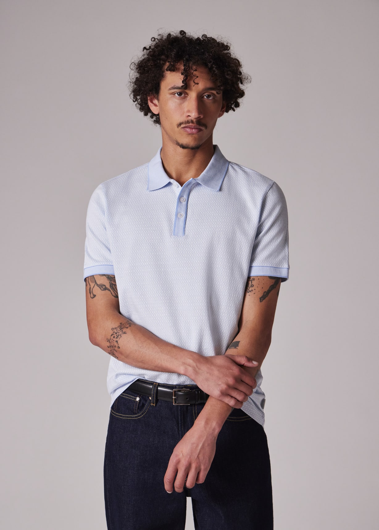 Men's Light Blue Geo Mercerised Cotton Polo Shirt