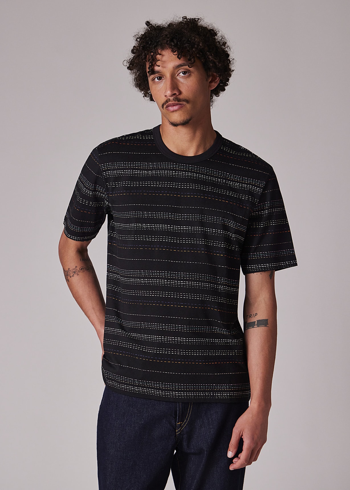 Men's Black Multi-Stripe Cotton T-Shirt