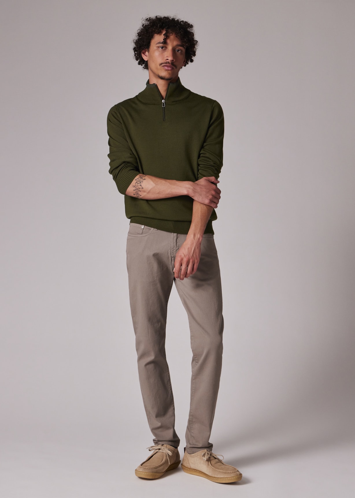 Khaki Merino Wool Half Zip Sweater