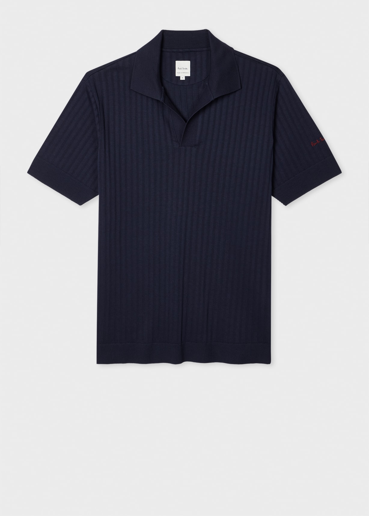 Men's Navy Ribbed Cotton Open-Collar Polo Shirt