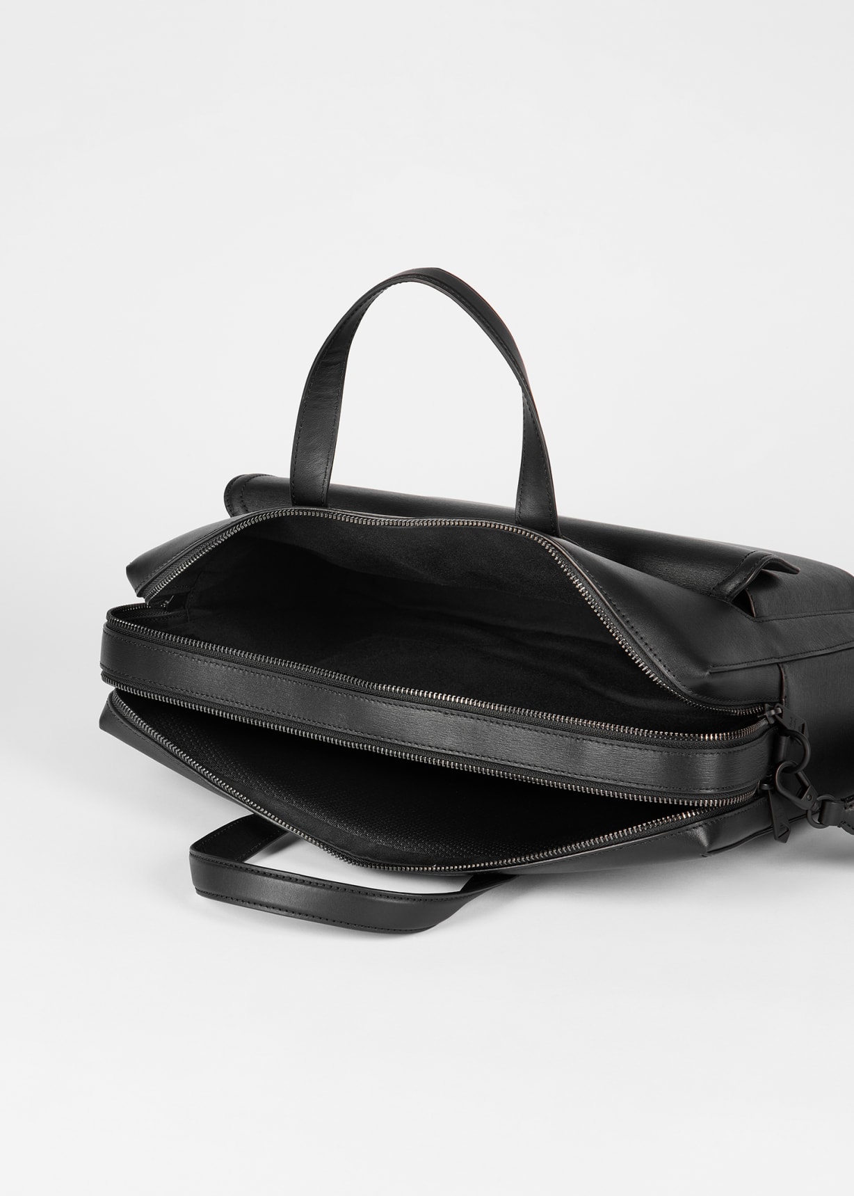 Black Straw-Grain Embossed Leather Double Zip Folio