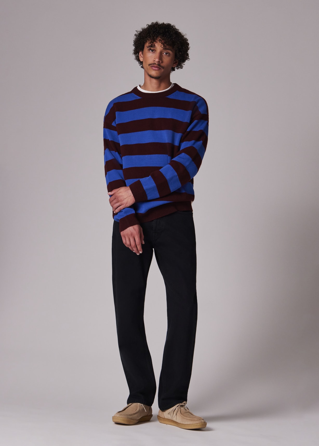 Lambswool Blue and Maroon Stripe Crew Neck Sweater