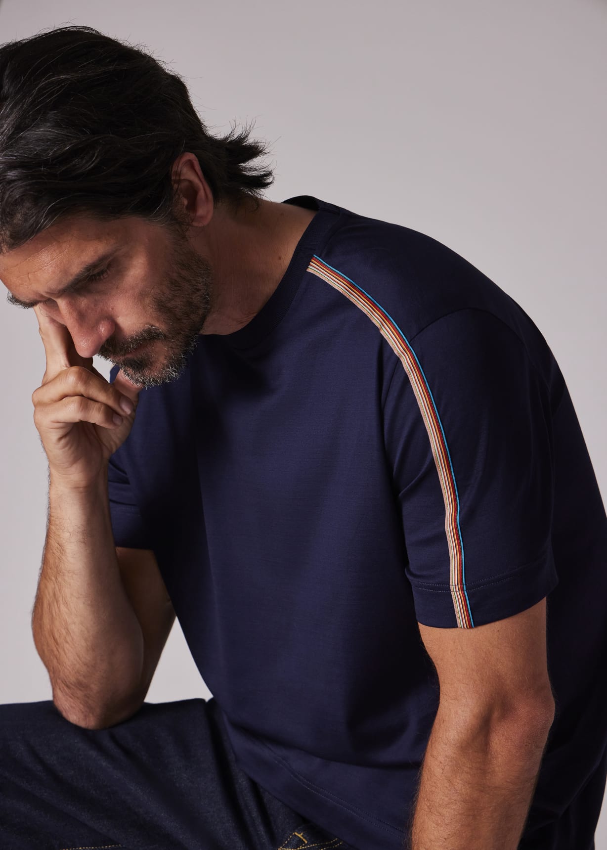 Navy Mercerised Cotton 'Signature Stripe' Shoulder Trim T-Shirt