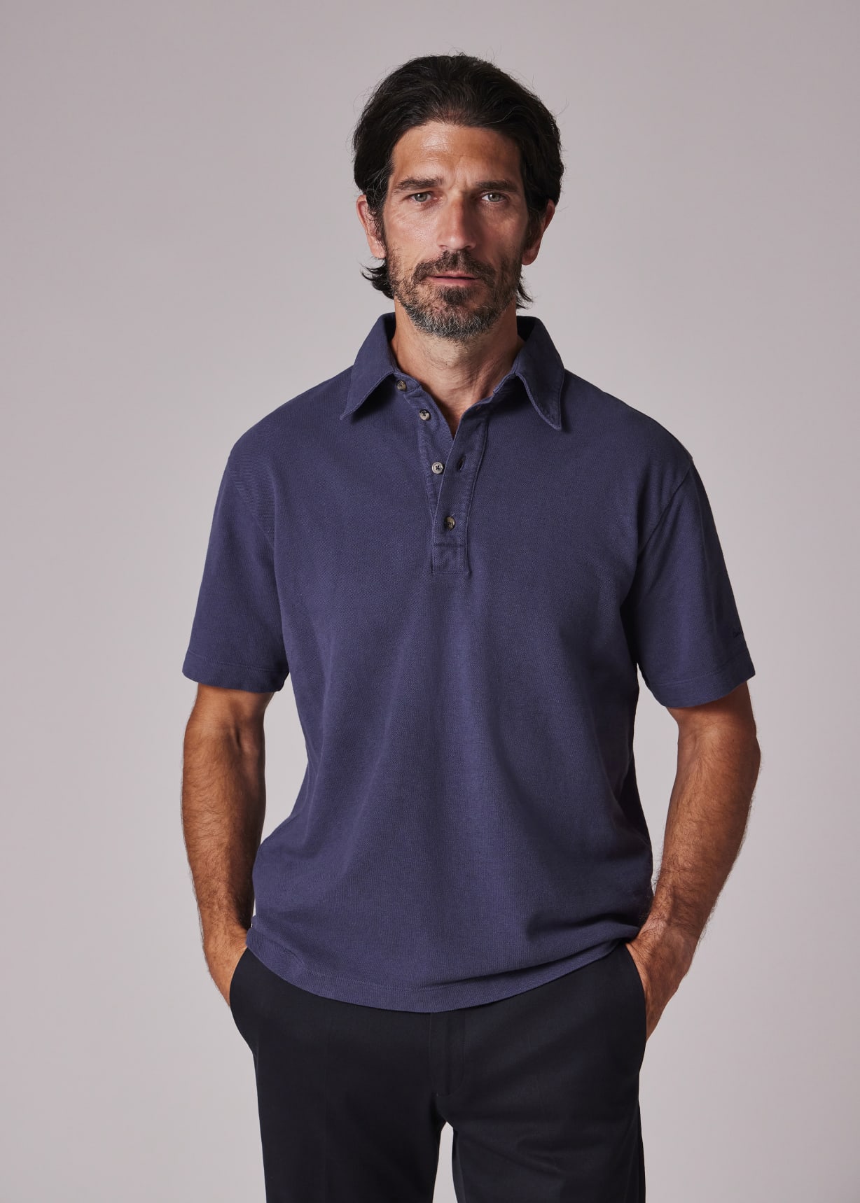 Men's Washed Blue Cotton-Linen Polo Shirt