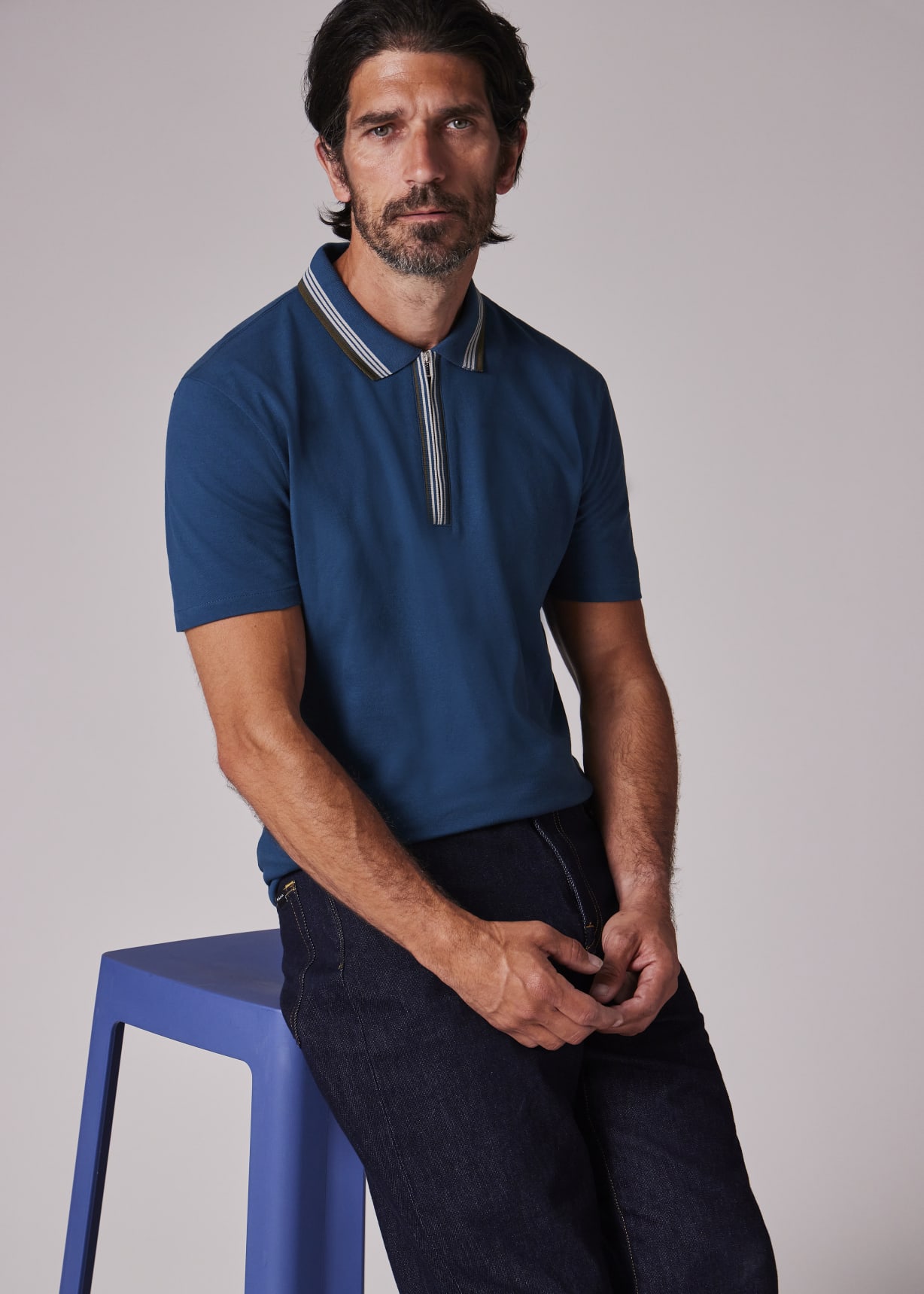 Men's Teal Contrast Tipping Zip-Neck Polo Shirt