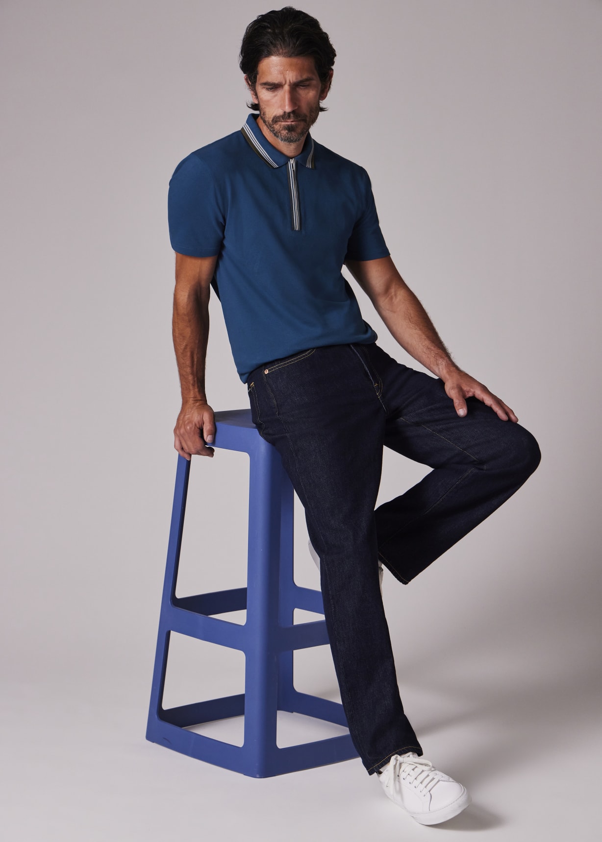 Men's Teal Contrast Tipping Zip-Neck Polo Shirt