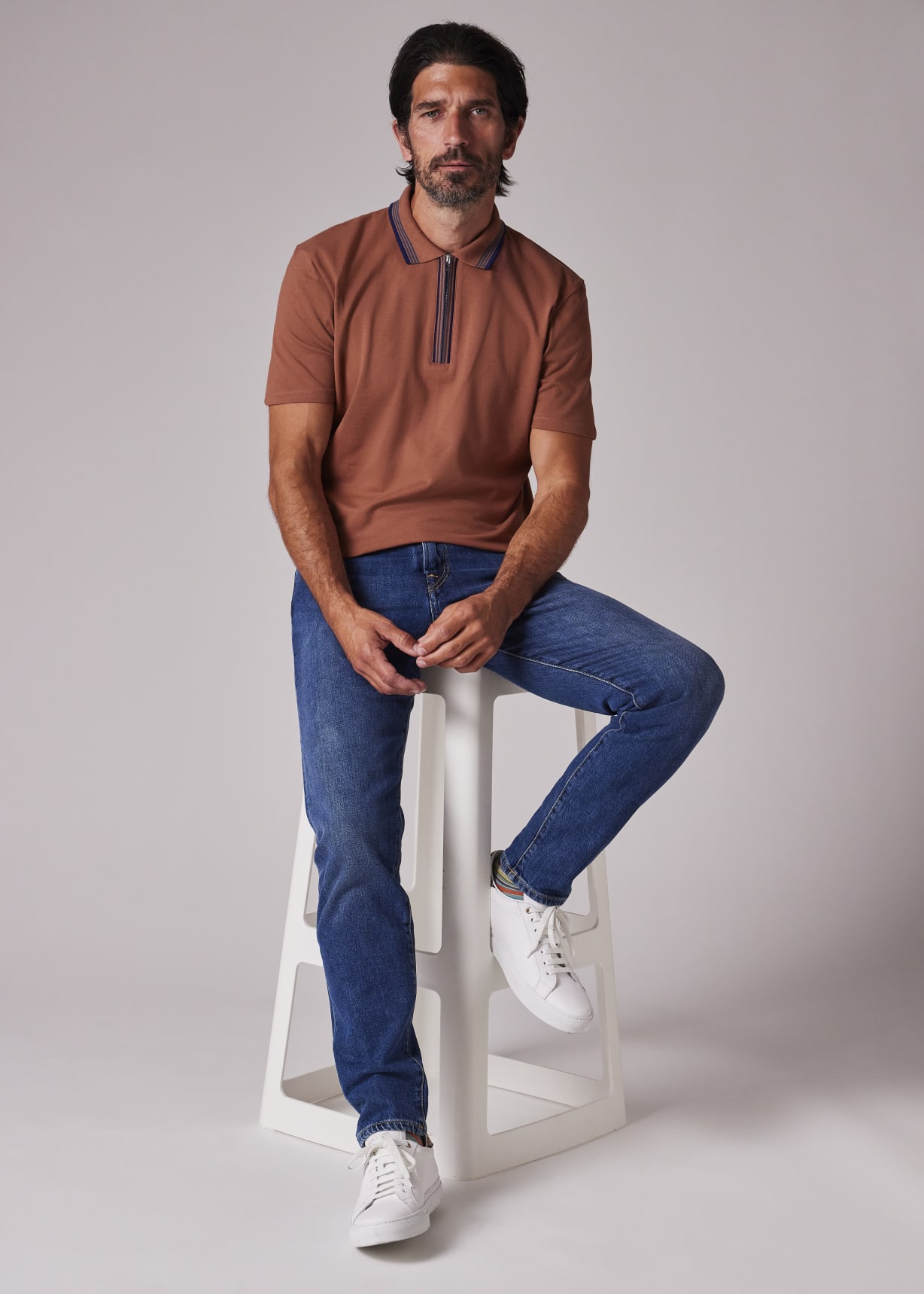 Men's Brown Contrast Tipping Zip-Neck Polo Shirt