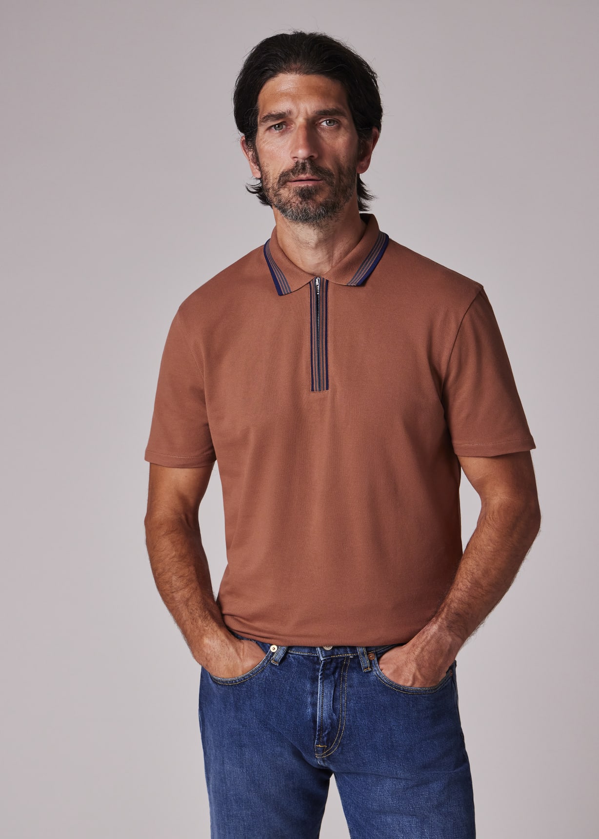 Men's Brown Contrast Tipping Zip-Neck Polo Shirt