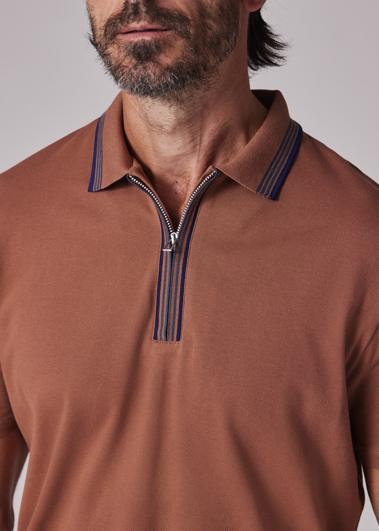 Men's Brown Contrast Tipping Zip-Neck Polo Shirt