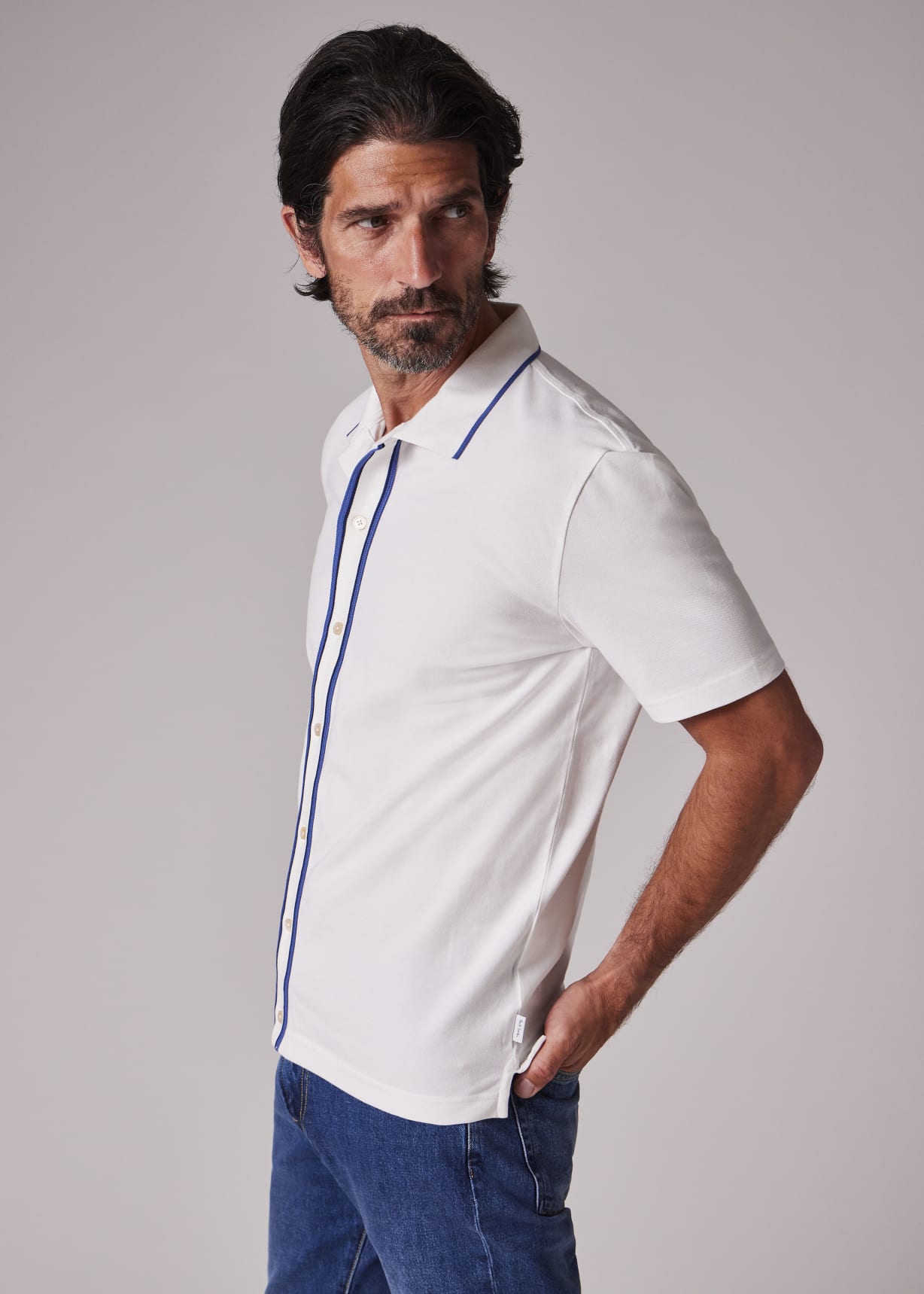 Men's White Button-Front Stretch-Cotton Polo Shirt