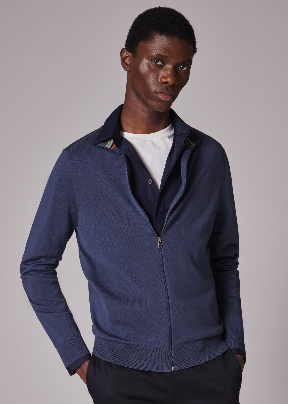 Men's Stone Blue Merino Wool Full-Zip Cardigan