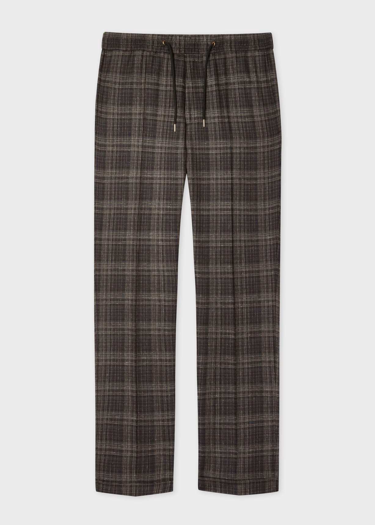 Men's Brown and Navy Check Silk-Wool Drawstring Trousers