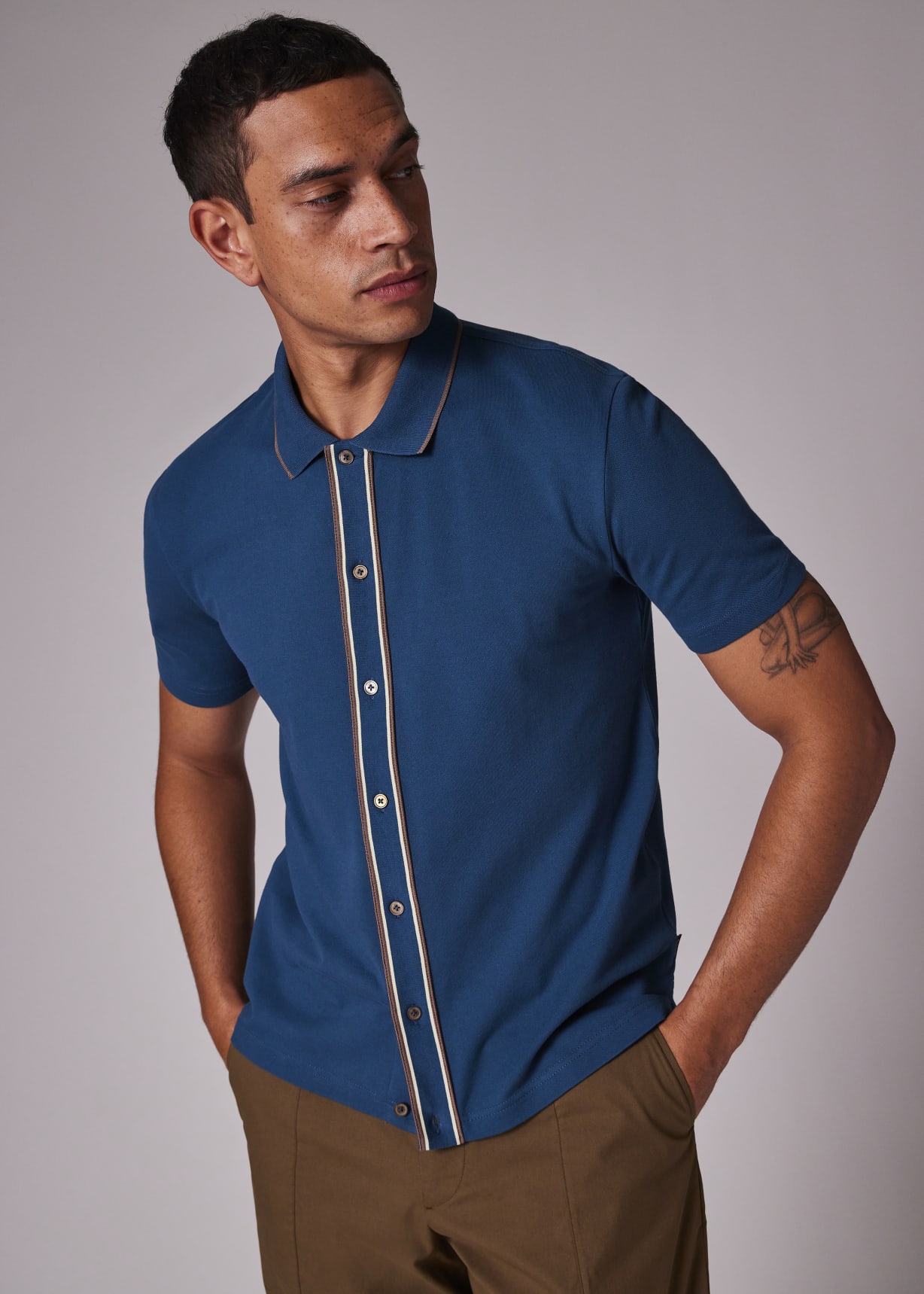 Teal Button-Front Stretch-Cotton Polo Shirt