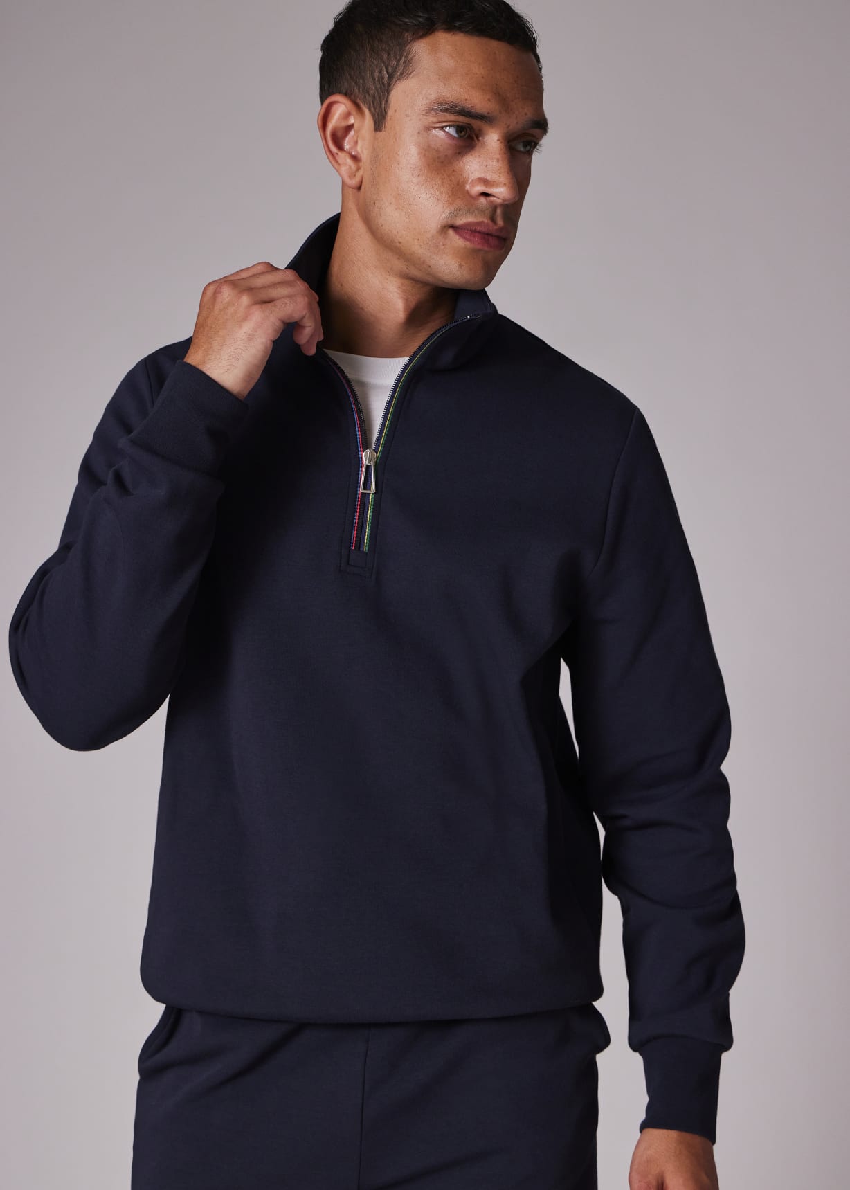 Men's Navy Double Face Cotton-Blend Quarter Zip Sweatshirt