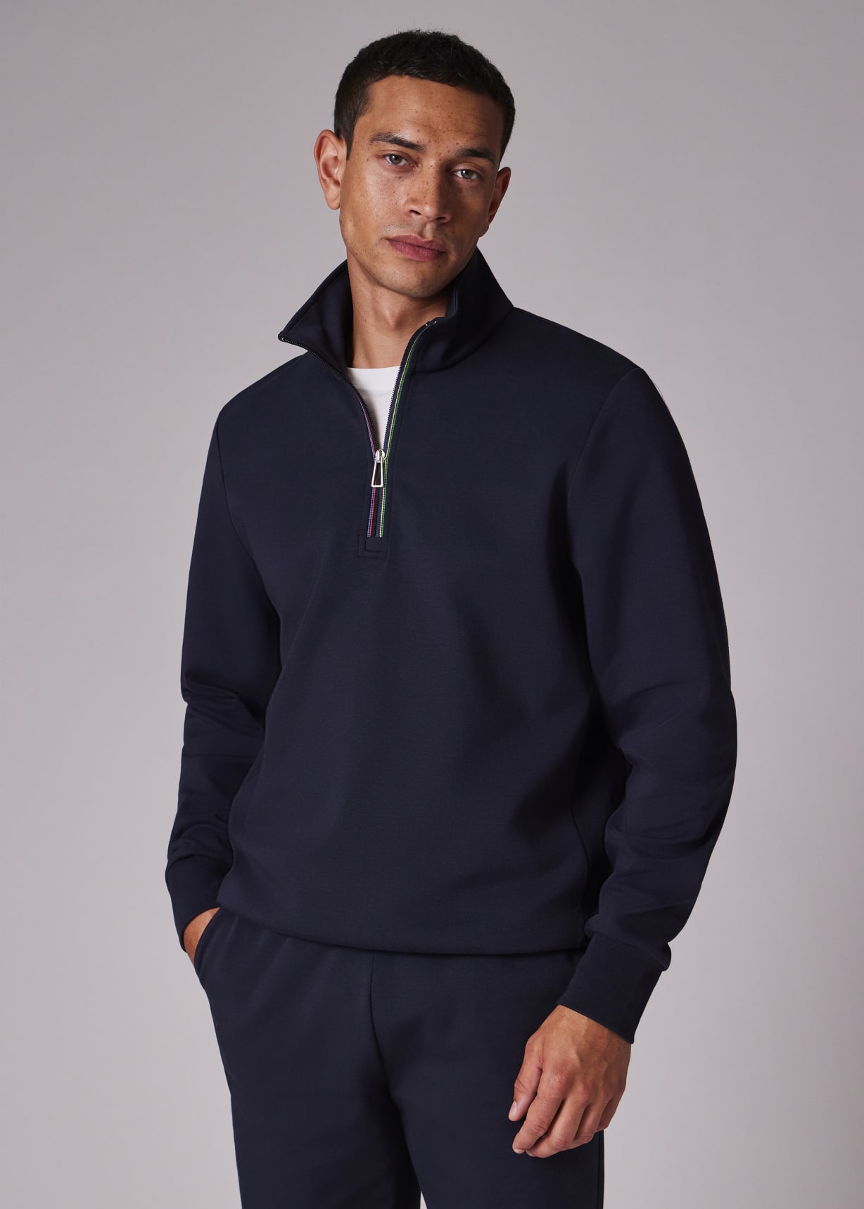 Men's Navy Double Face Cotton-Blend Quarter Zip Sweatshirt