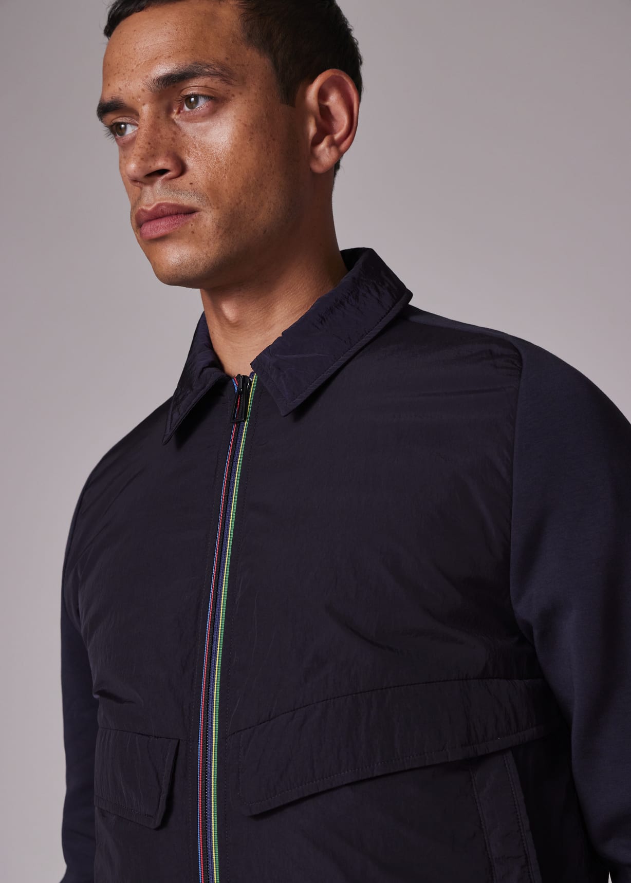 Men's Navy Recycled-Nylon Mixed Media Short Jacket