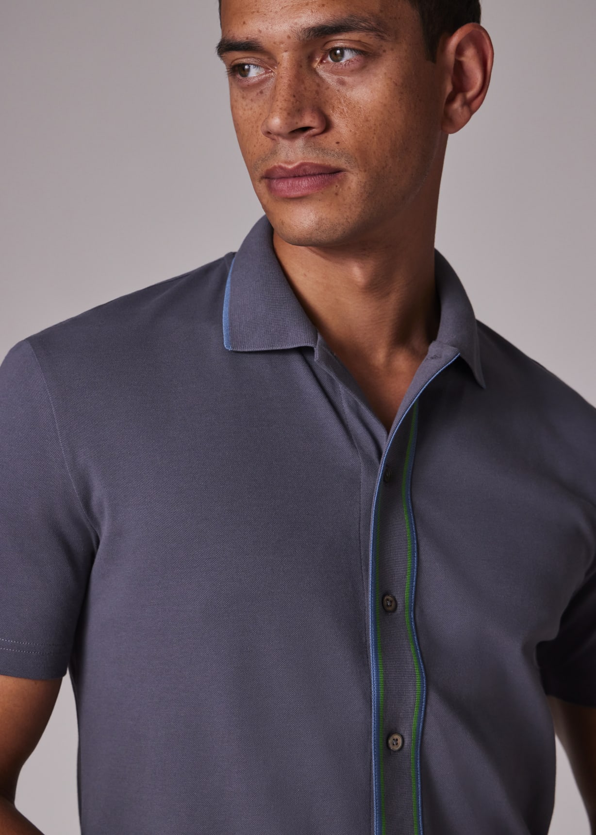 Men's Grey Button-Front Stretch-Cotton Polo Shirt