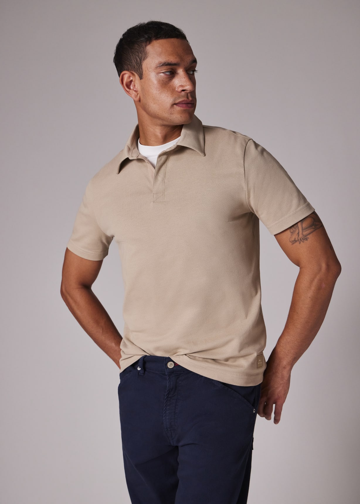 Men's Pale Tan Concealed-Placket Polo Shirt