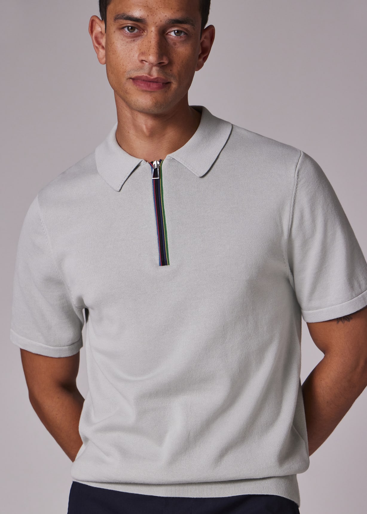 Men's Light Grey 'Sports Stripe' Zip Knitted Cotton Polo Shirt