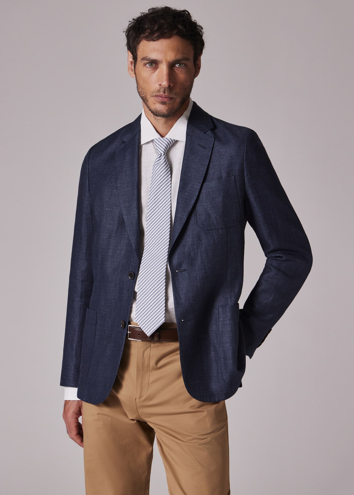 Men's Navy Blue Linen-Wool Unlined Blazer