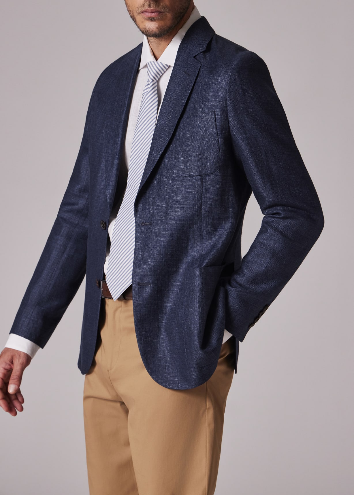 Men's Navy Blue Linen-Wool Unlined Blazer