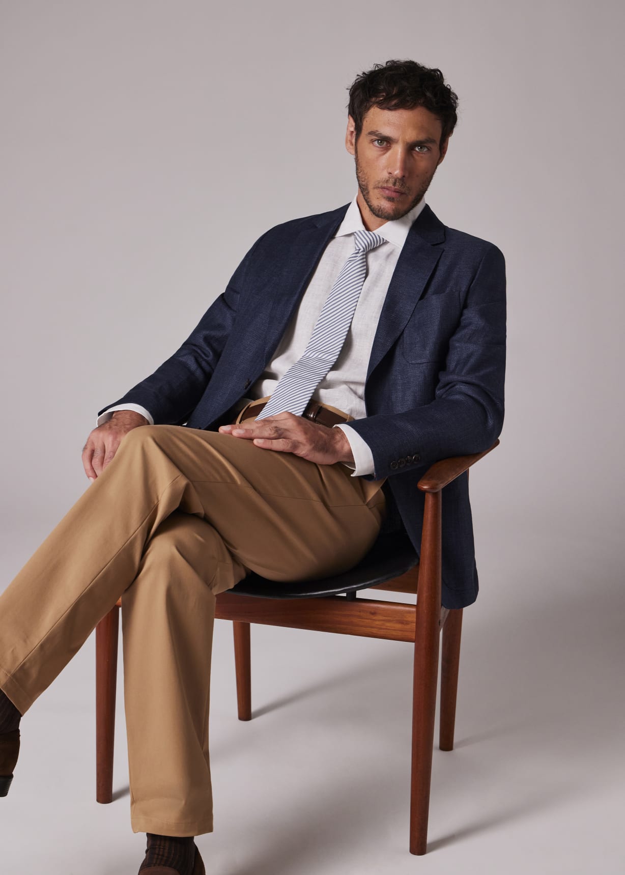 Men's Navy Blue Linen-Wool Unlined Blazer