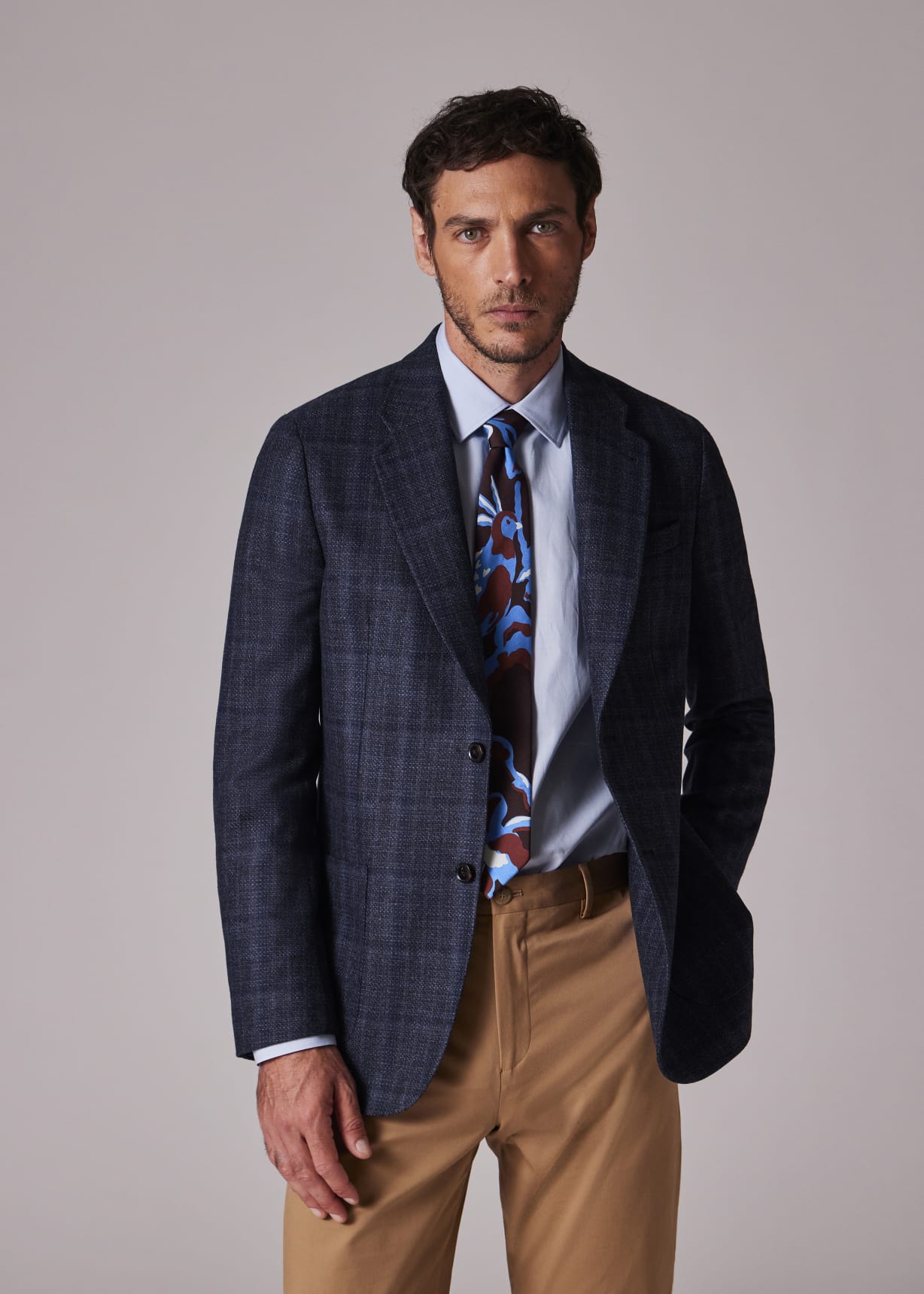 Men's Navy Check Wool-Cashmere Buggy-Lined Blazer
