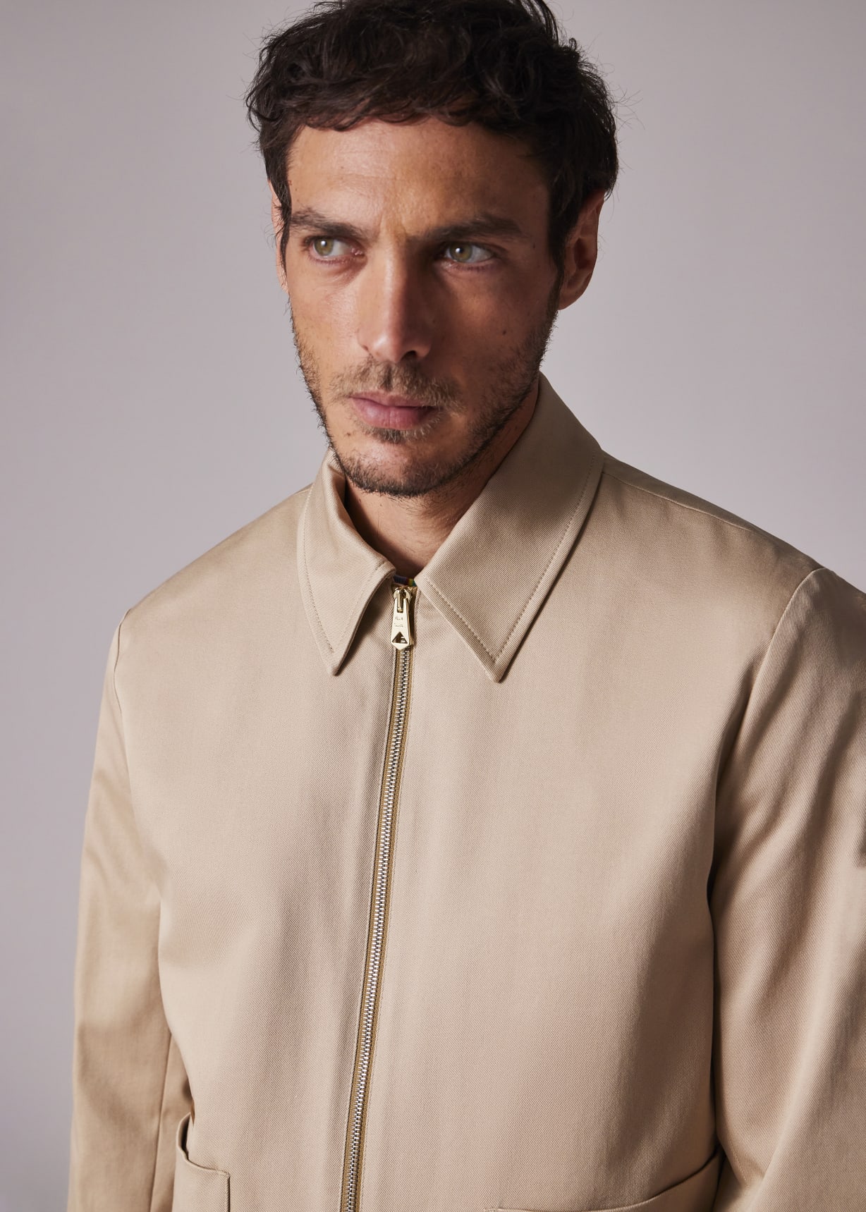 Men's Tan Stretch Cotton-Twill Short Zip Jacket