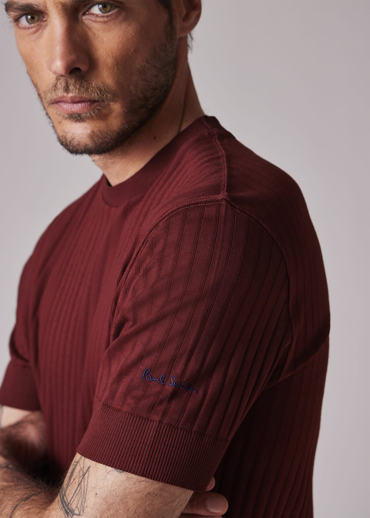 Men's Burgundy Integrated Rib Cotton T-Shirt