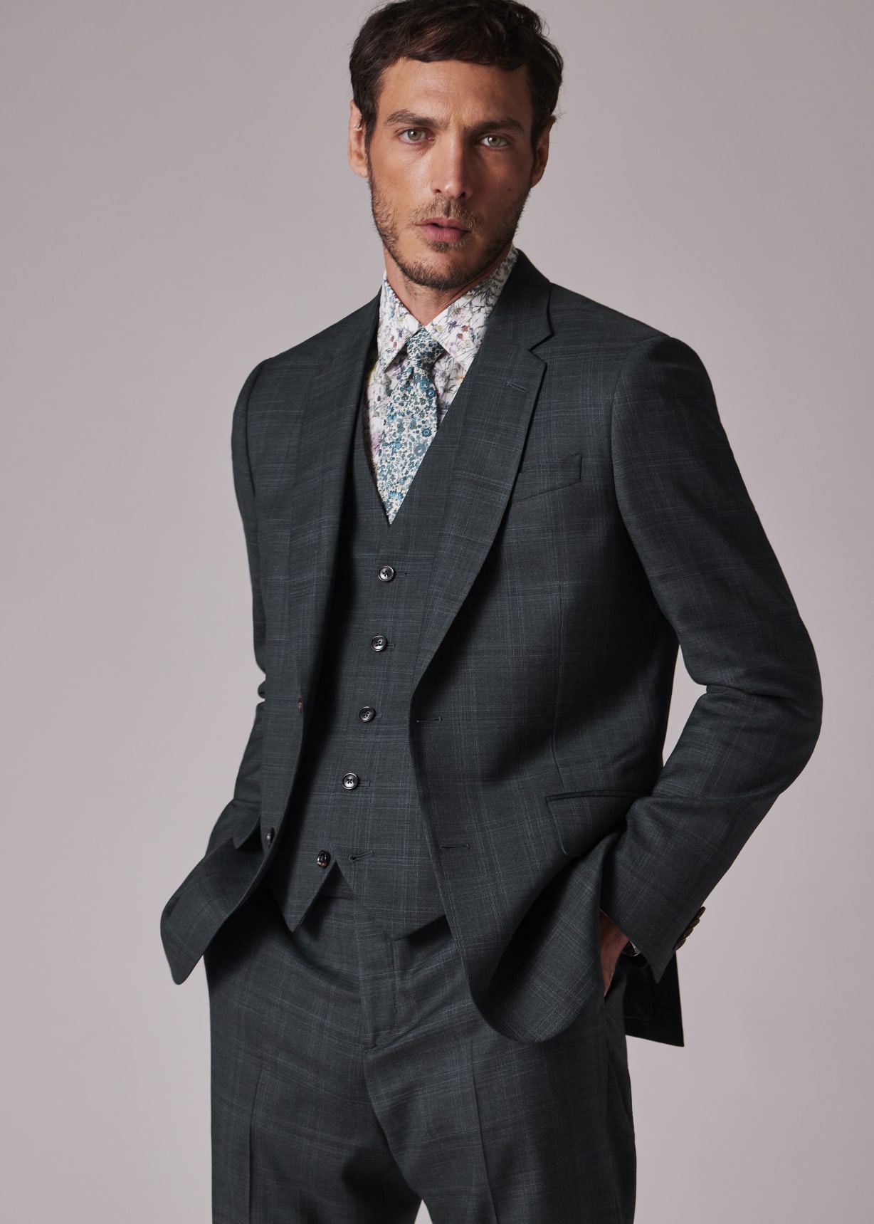 Men's Tailored Fit Green Superfine Merino Wool Check Three-Piece Suit