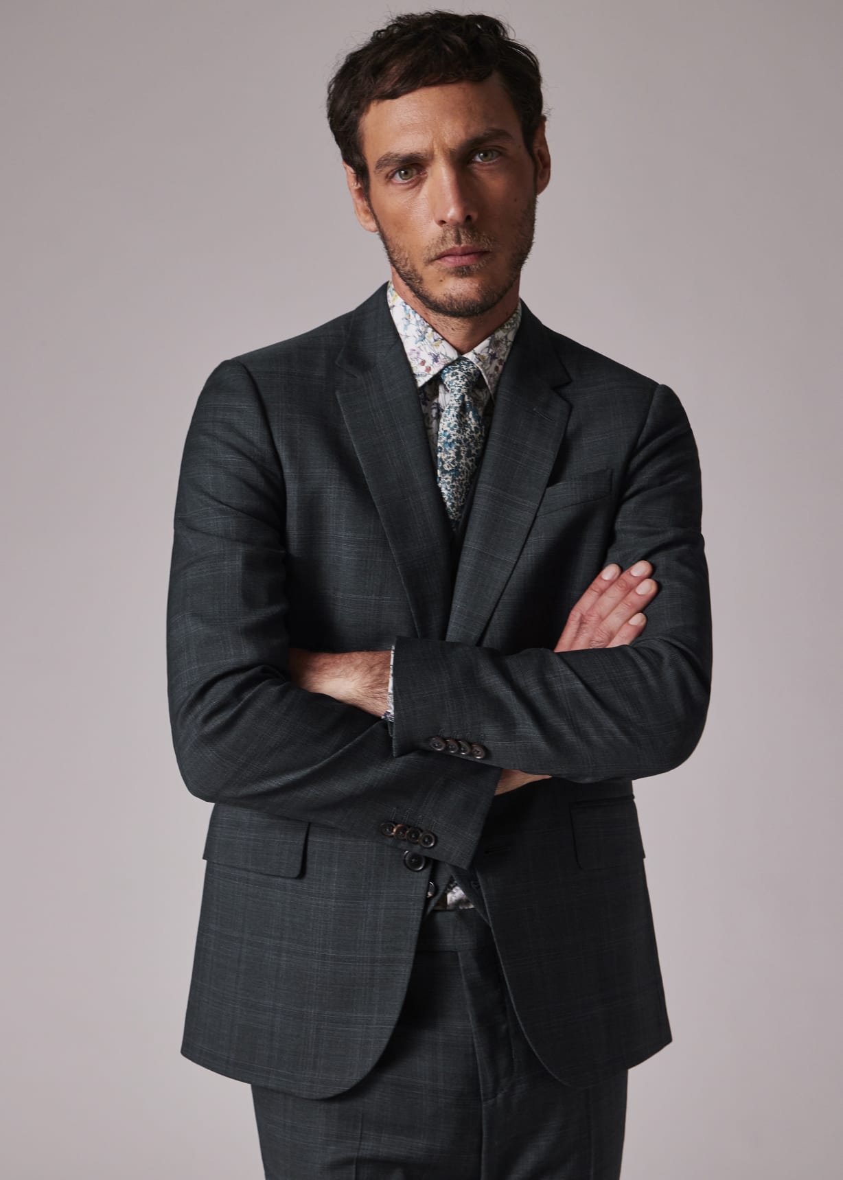 Men's Tailored Fit Green Superfine Merino Wool Check Three-Piece Suit