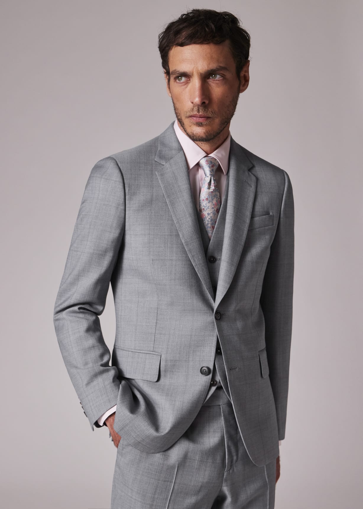 Men's Grey Superfine Merino Wool Check Three-Piece Suit
