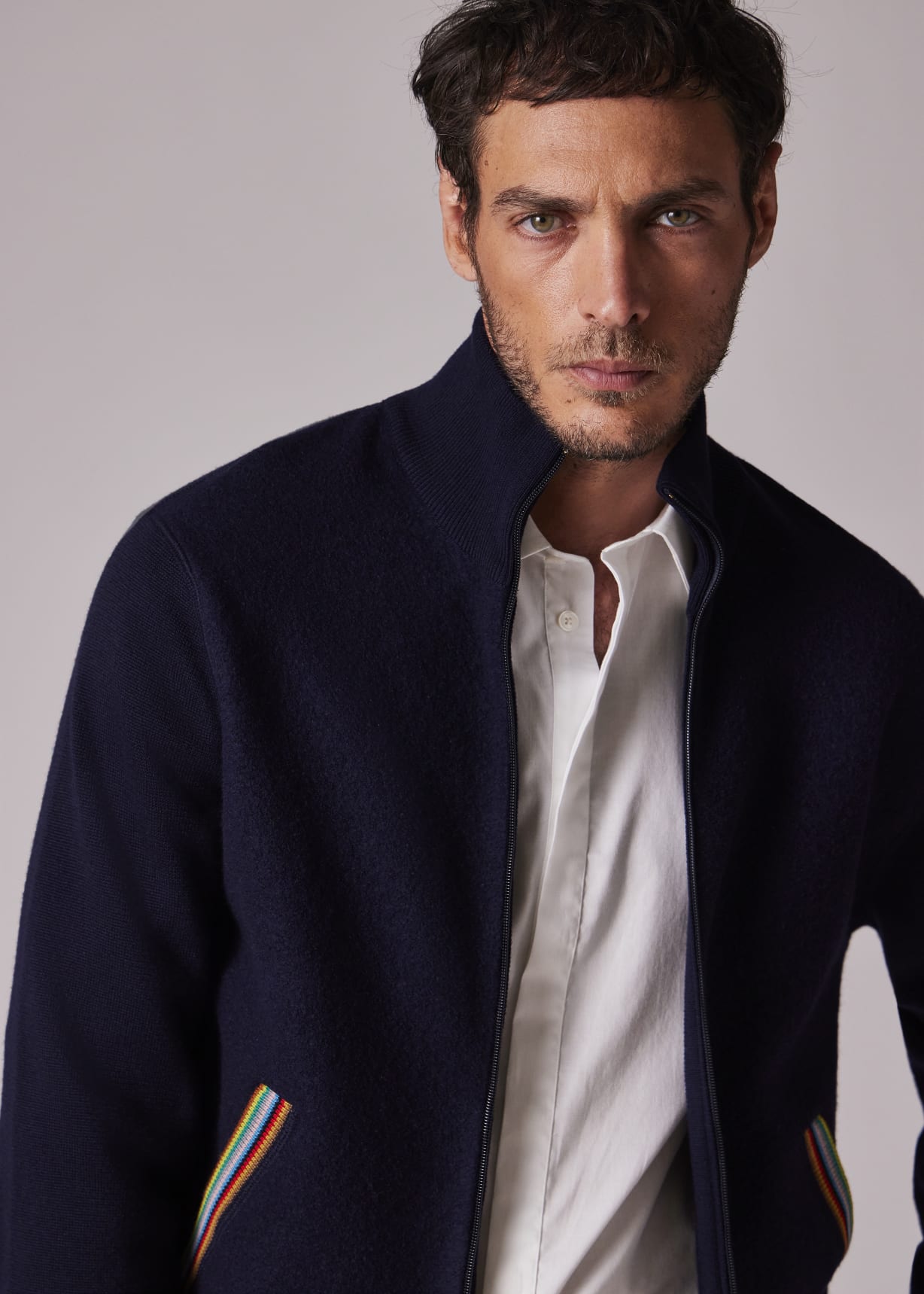 Men's Navy 'Signature Stripe' Merino Wool Knitted Jacket