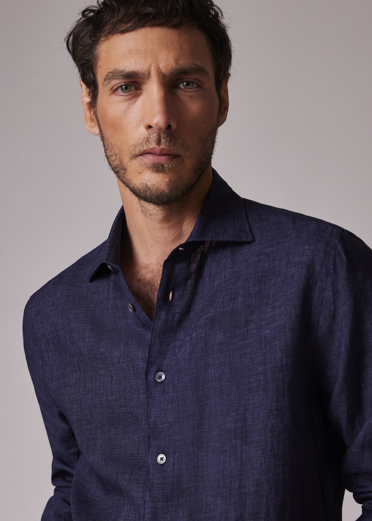 Men's Slim-Fit Navy Linen Shirt