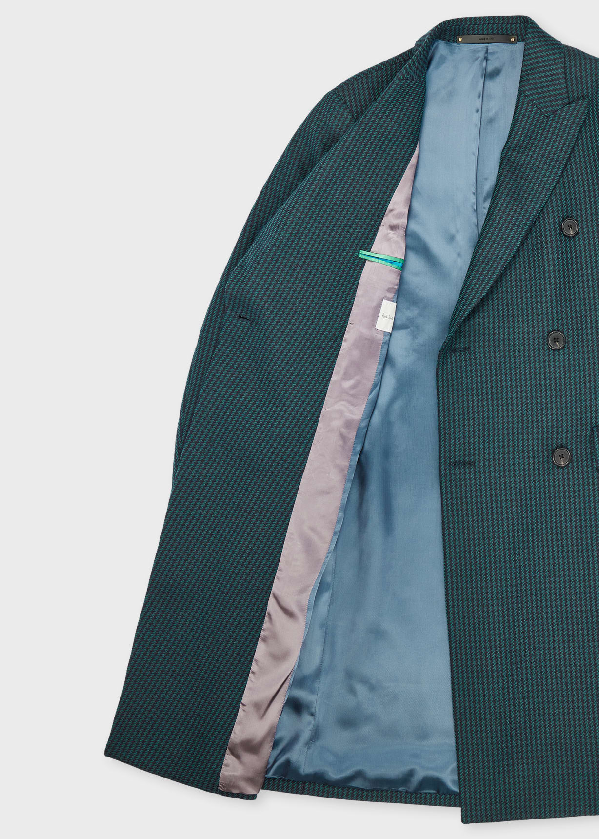 Men's Navy and Teal Houndstooth Wool-Blend Double Breasted Overcoat