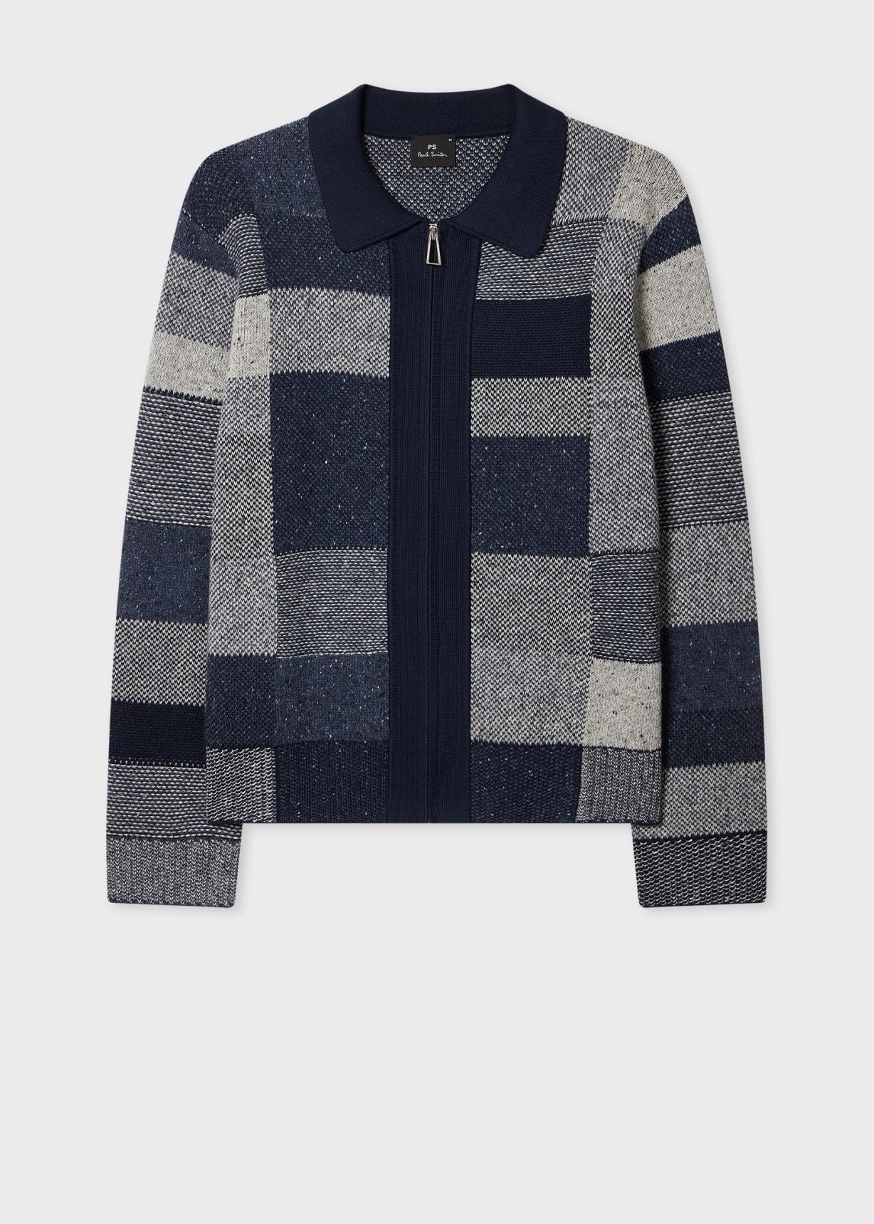 Men's Navy Tonal Patchwork Zip-Through Cardigan